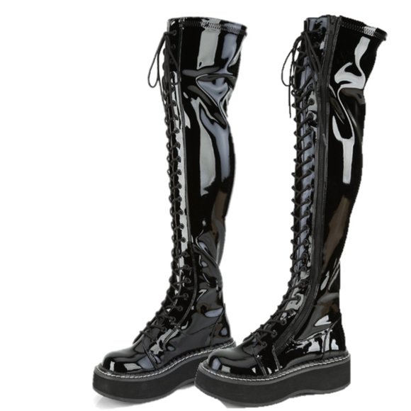 Demonia | Shoes | Emily Stretch Black Patent Thigh High Platform Goth ...